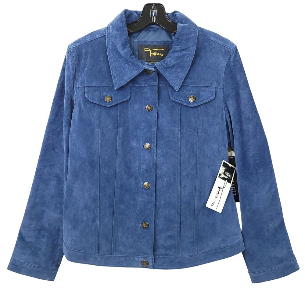 Fabio Blue Suede Leather Jacket Read Size L Button Fr… - Gem